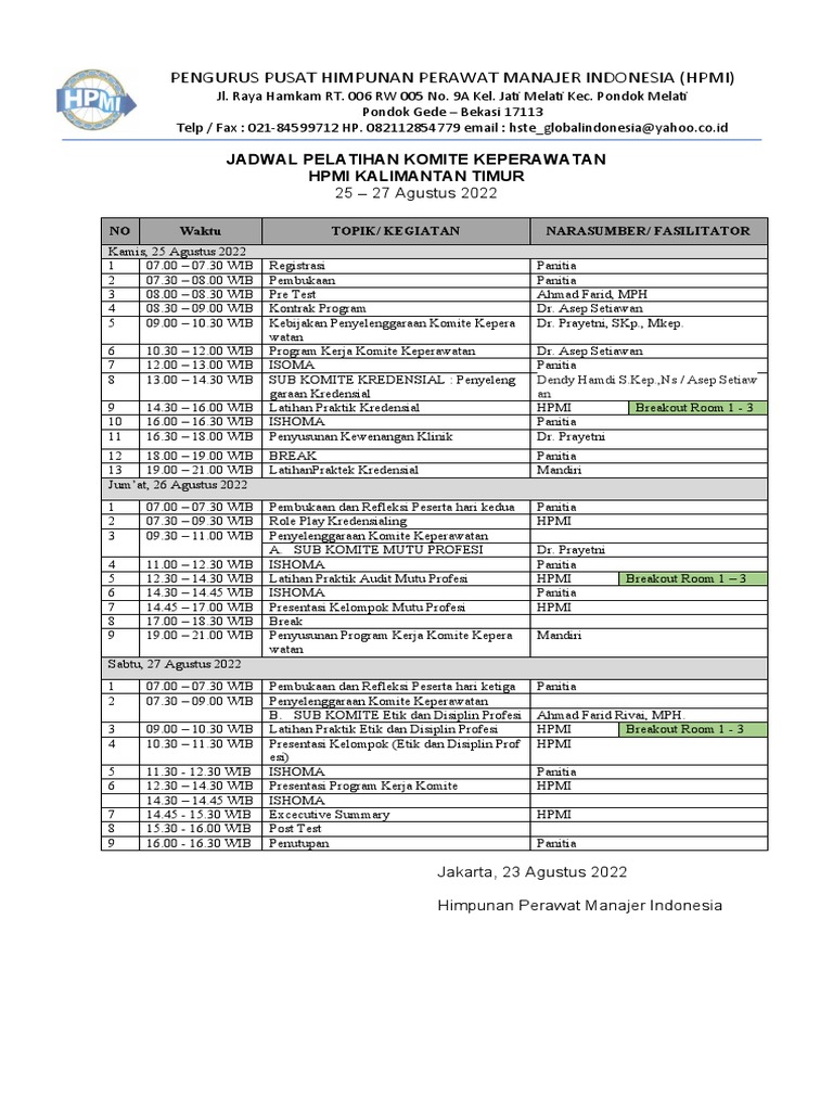 Jadwal Pelatihan Keperawatan HPMI 2022 | PDF