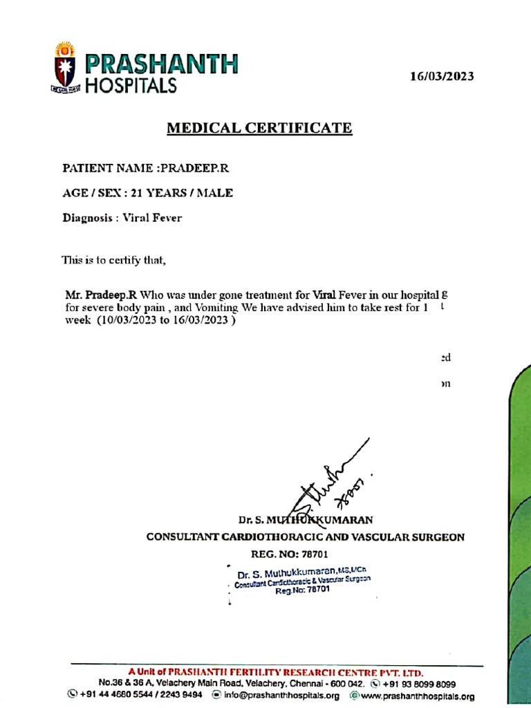 Medical Certificate For Health Issue | PDF