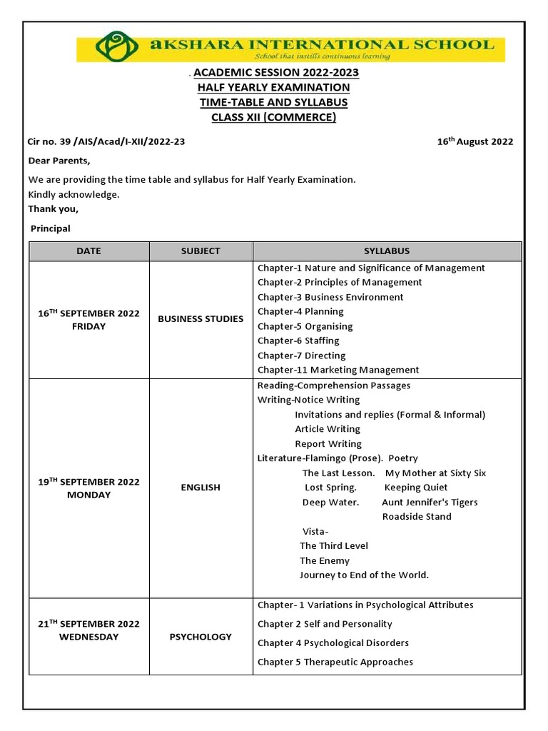Ais-39 Hly - Xii - Commerce - Syllabus - 2022-23 | PDF | Economics | Advertising