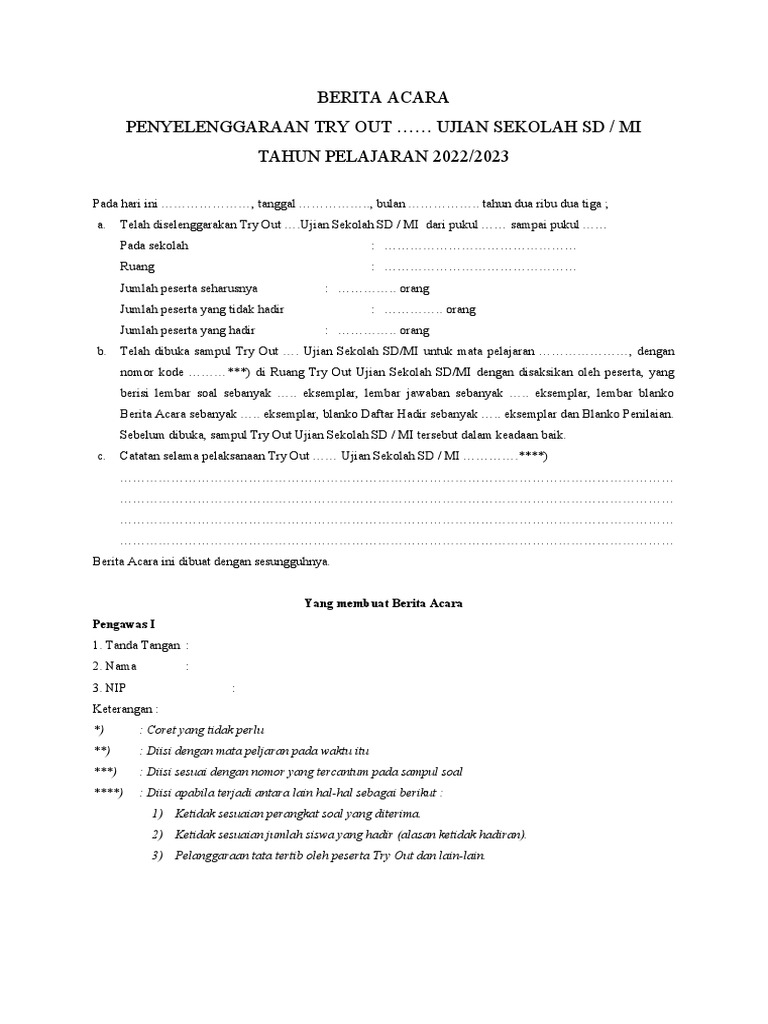 Berita Acara Ujian Sekolah Try Out 2022 2023 | PDF | Karier ...