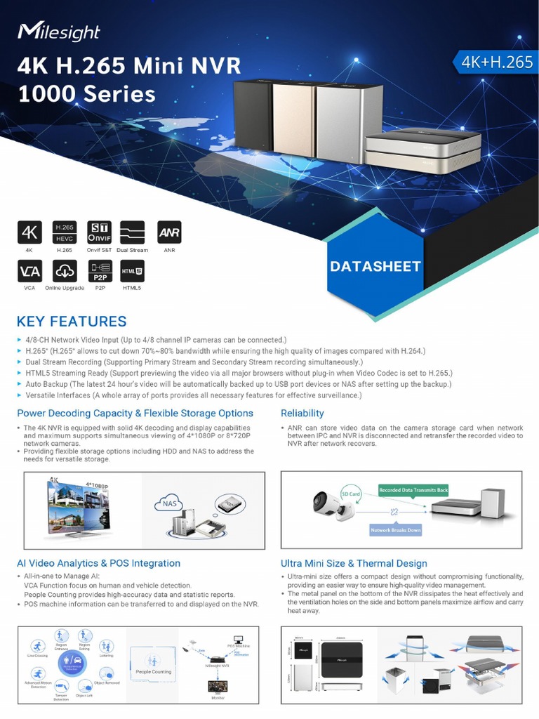Milesight 4K H.265 Mini NVR 1000 Series Datasheet en | PDF | Hdmi | Telecommunications