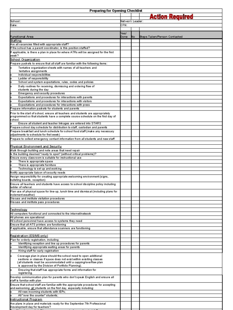 Functional Area Staffing: Preparing For Opening Checklist | PDF ...