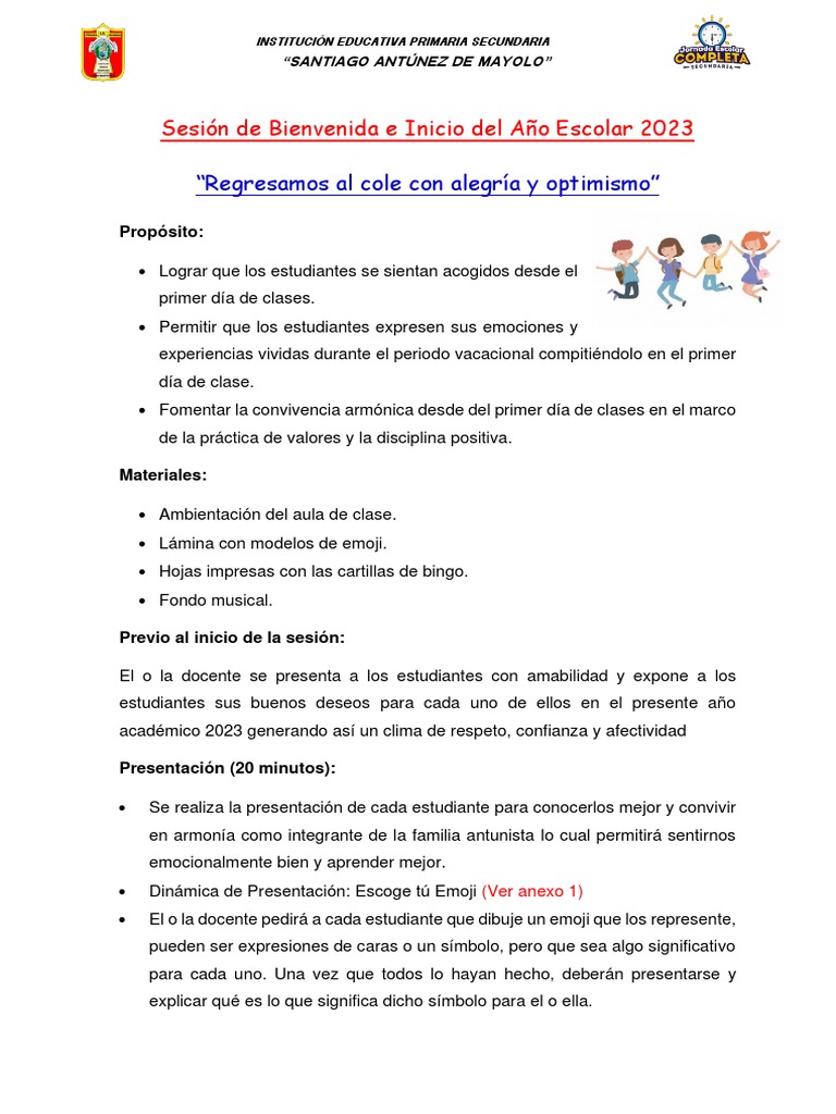 SESION DE BIENVENIDA Día 1 | PDF | Maestros | Salón de clases