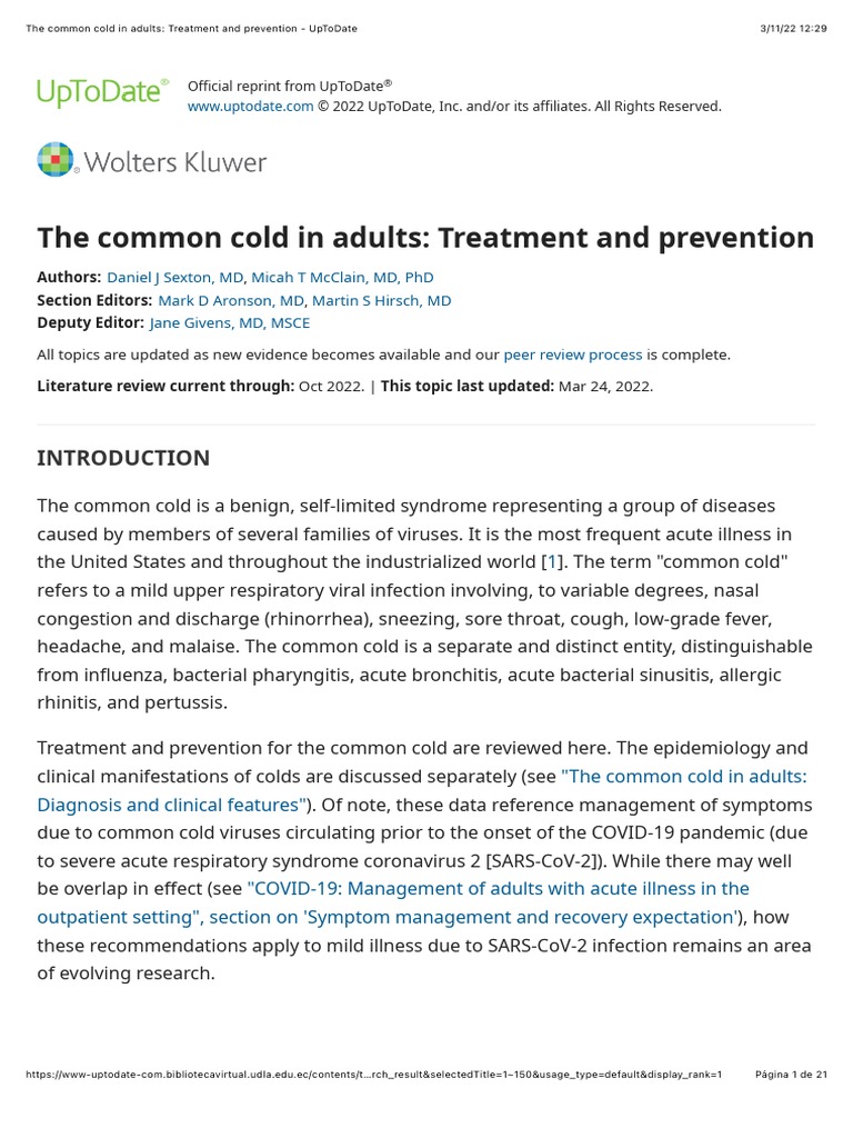 The Common Cold in Adults. Treatment and Prevention | PDF | Common Cold ...