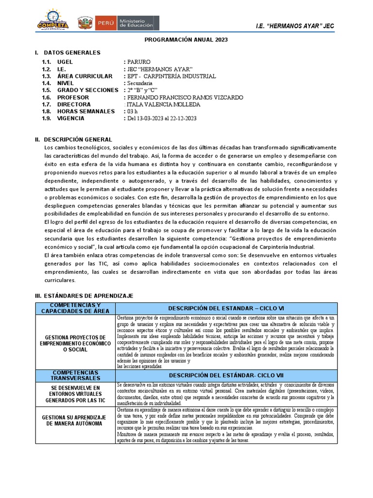 Programación - 2023 Carpinteria | PDF | Aprendizaje | Evaluación