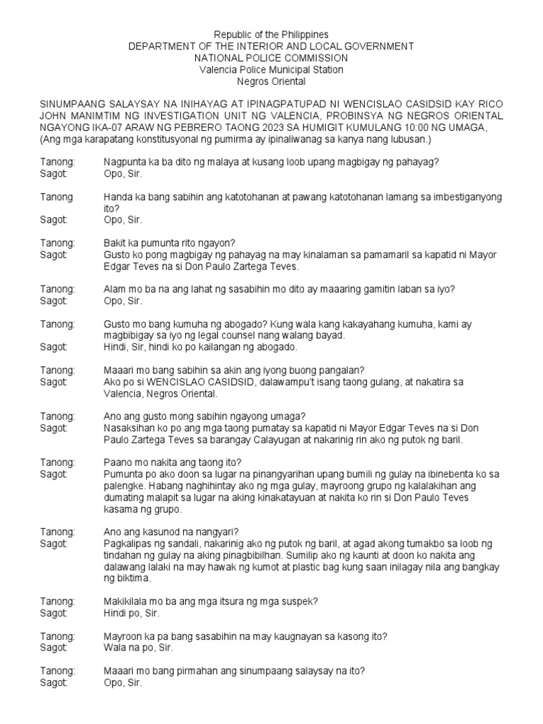 Sworn Statement Filipino Q and A Manimtim | PDF