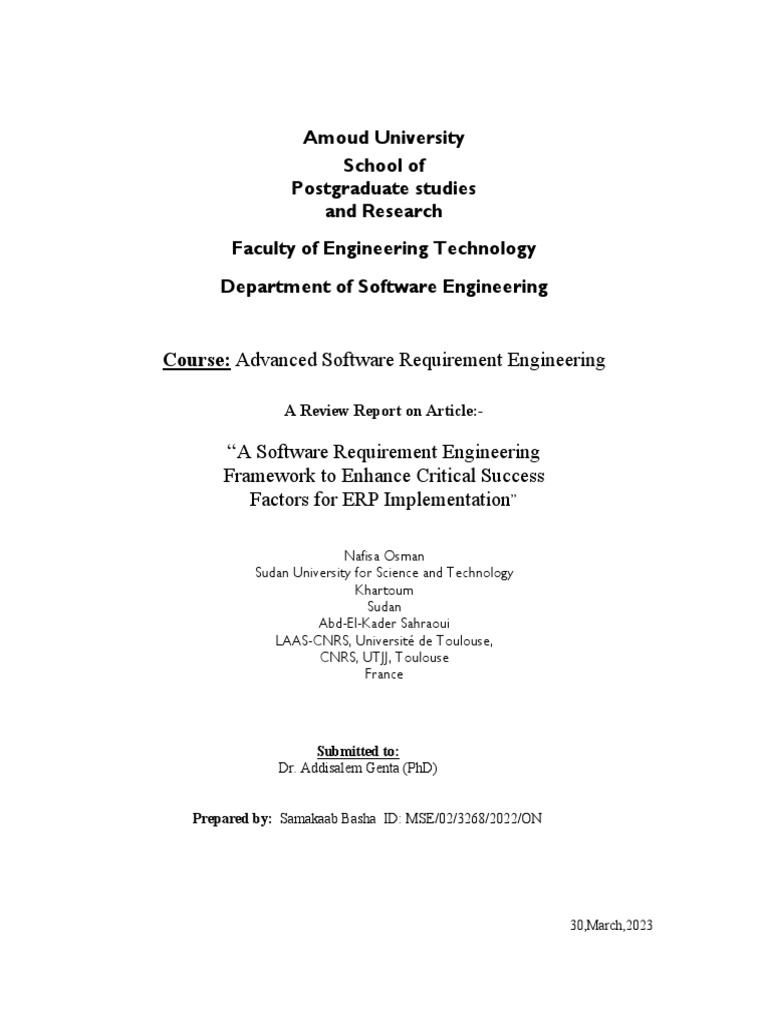 Amoud University Postgraduate Studies Software Requirements Framework Enhances ERP Success | PDF ...