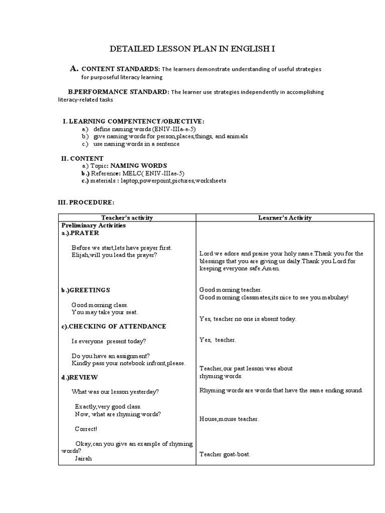 Grade 1 Naming Words Lesson Plan | PDF | Teachers | Lesson Plan