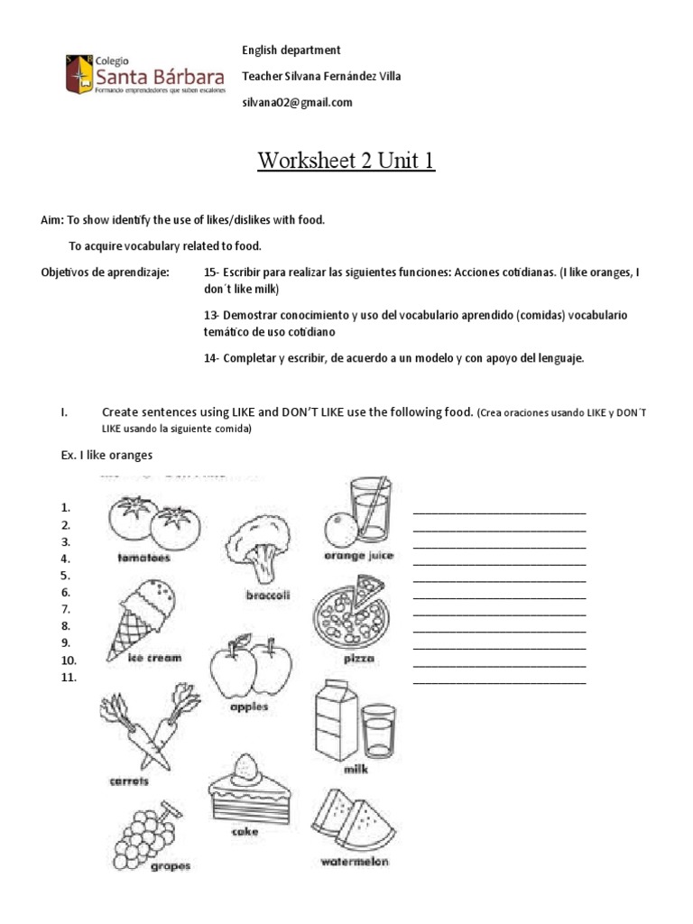 Ejercicios de Comida en Inglés para Niños | PDF
