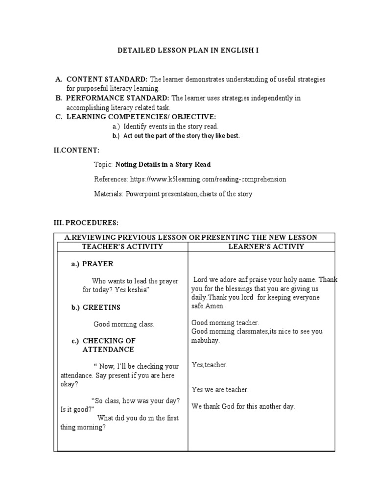 Grade 1 English Detailed Lesson Plan | PDF | Pet | Learning
