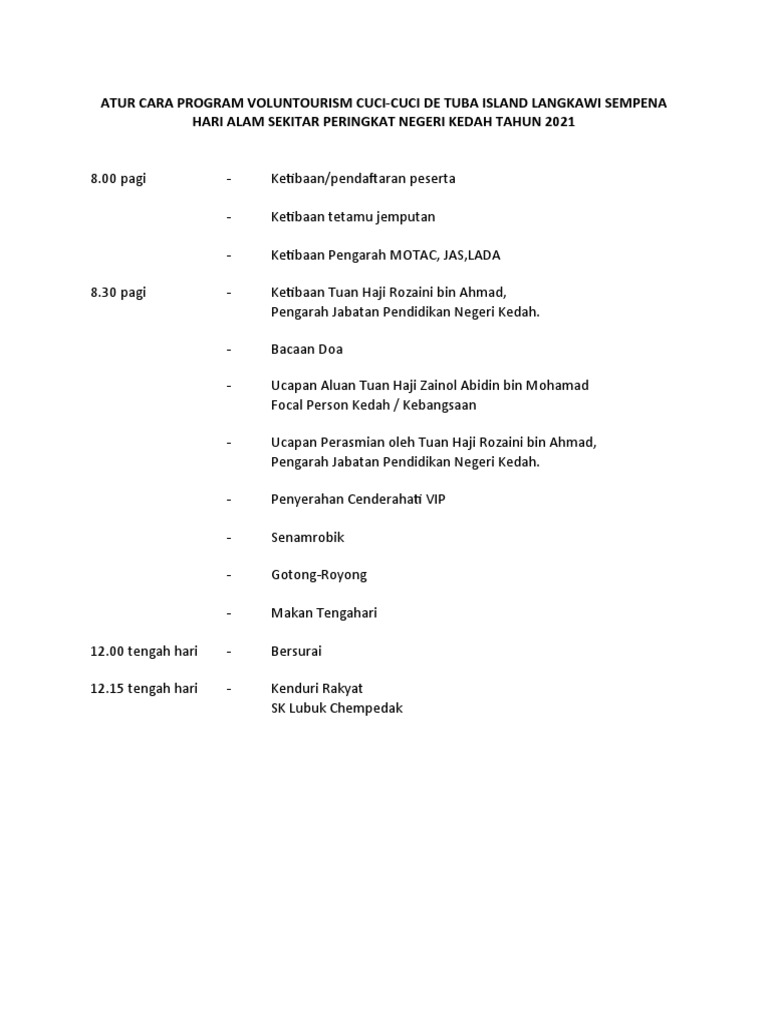 Atur Cara Program Voluntourism Cuci-Cuci de Tuba Island Langkawi 2021 | PDF