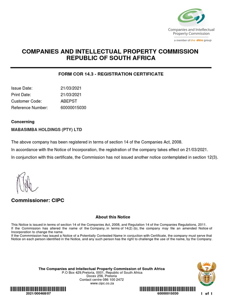 COR 14.3 Registration Certificate | PDF