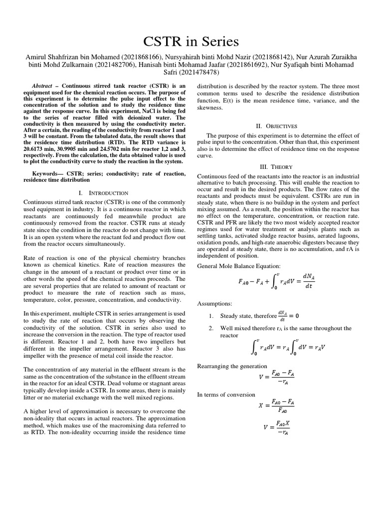 Manuscript For Lab 2 (CSTR in Series) | PDF | Chemical Reactor ...