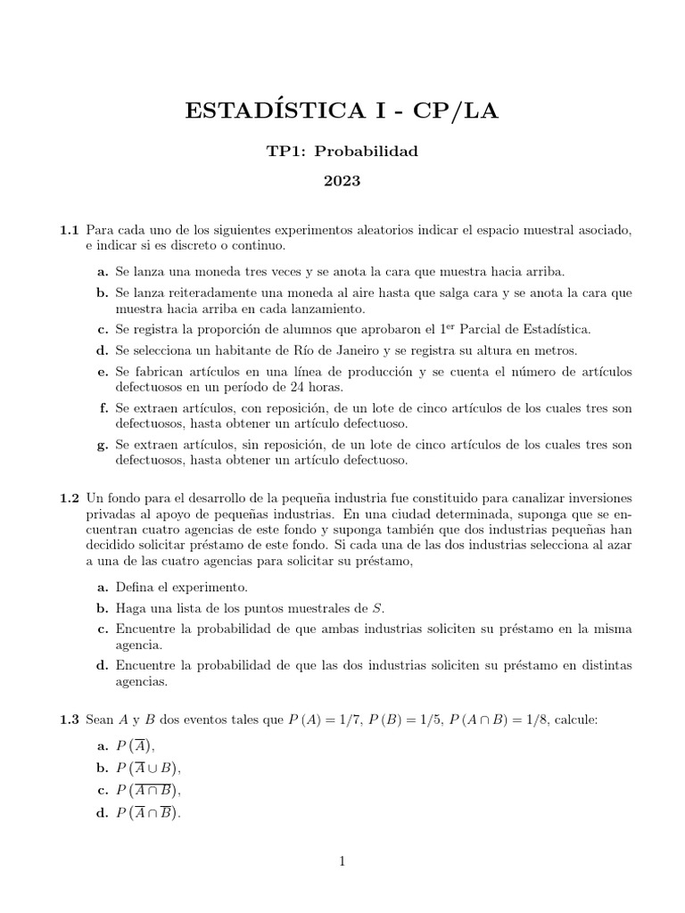 Estad Istica I - Cp/La: TP1: Probabilidad 2023 | PDF | Probabilidad | Bolsa de Valores