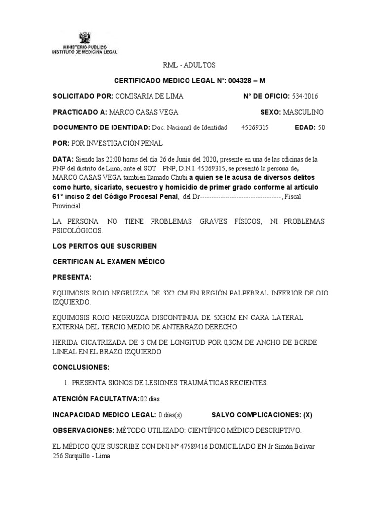 Informe Médico Legal de Lesiones | PDF