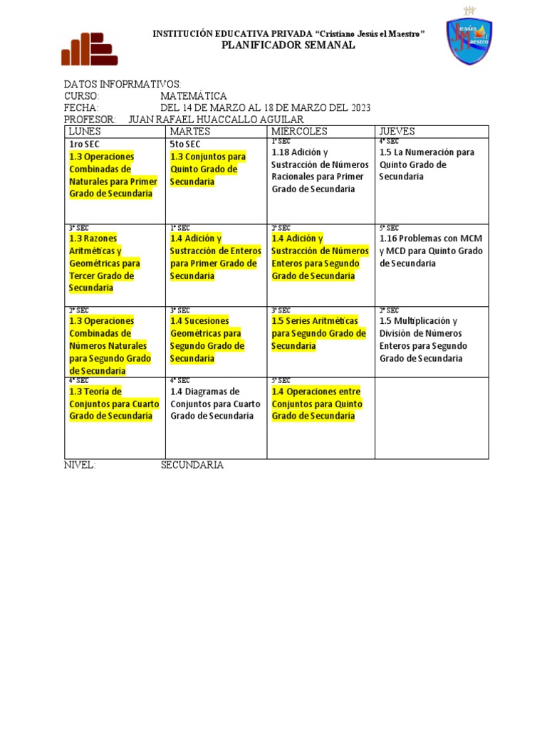 Planificador Semanal de Matemática | PDF