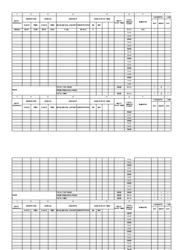 Logbook Jeppesen (Excel Template) | PDF | Instrument Flight Rules | Takeoff