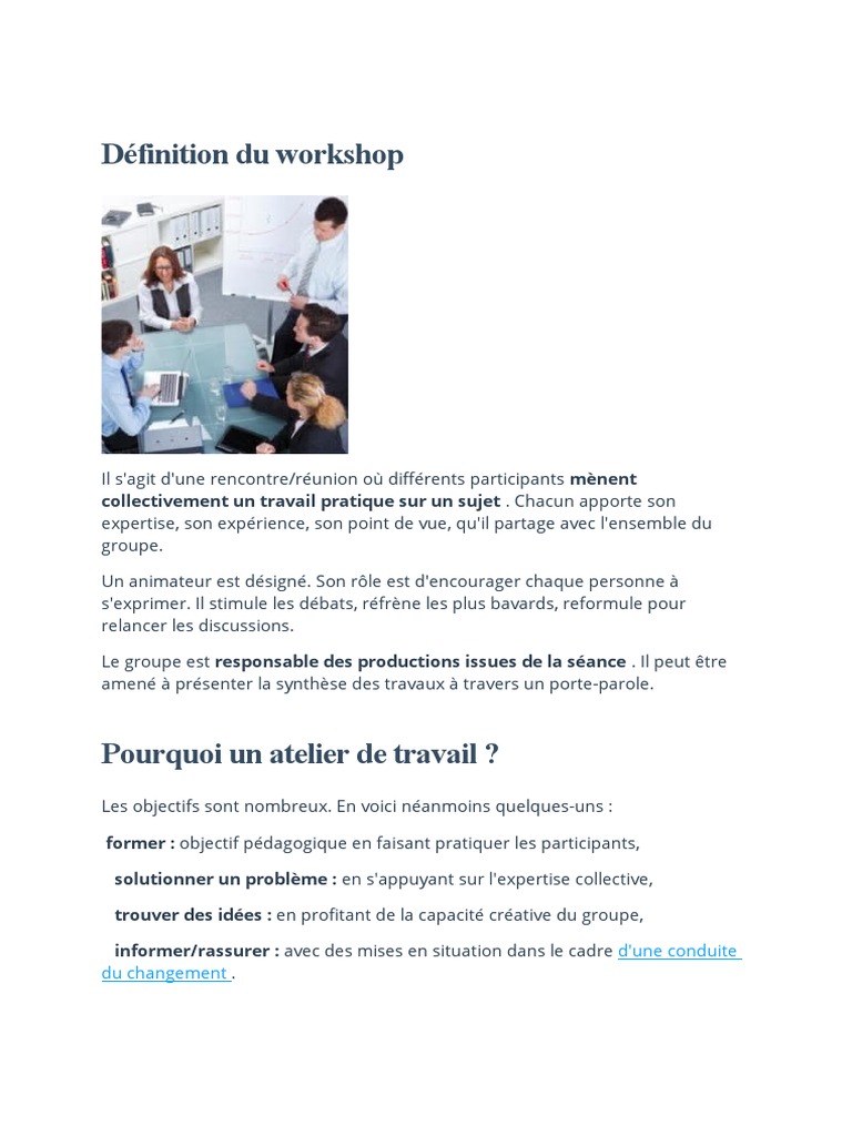 Définition et objectifs d'un workshop | PDF | Évolution de carrière