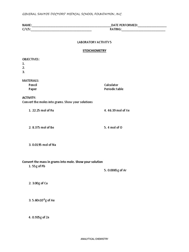 Stoichiometry Laboratory Activity Guide | PDF | Mole (Unit) | Stoichiometry