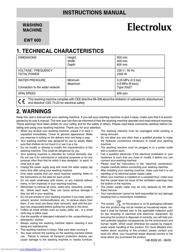 Electrolux EWT 600 User Manual | PDF | Washing Machine | Ac Power Plugs ...