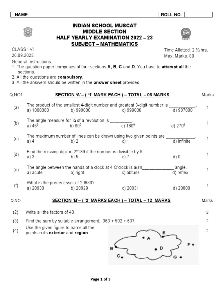 Question Paper - Class 6 - Mathematics - Half Yearly Examination - 2022 ...