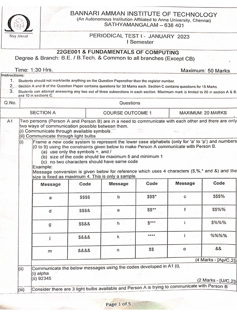 Fundamental of Computing PT - 1 Question Paper | PDF