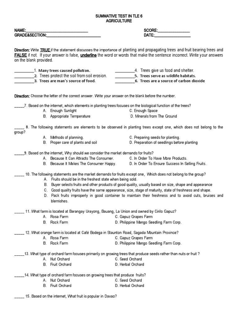 Summative Test in Tle 6 | PDF | Trees | Fruit