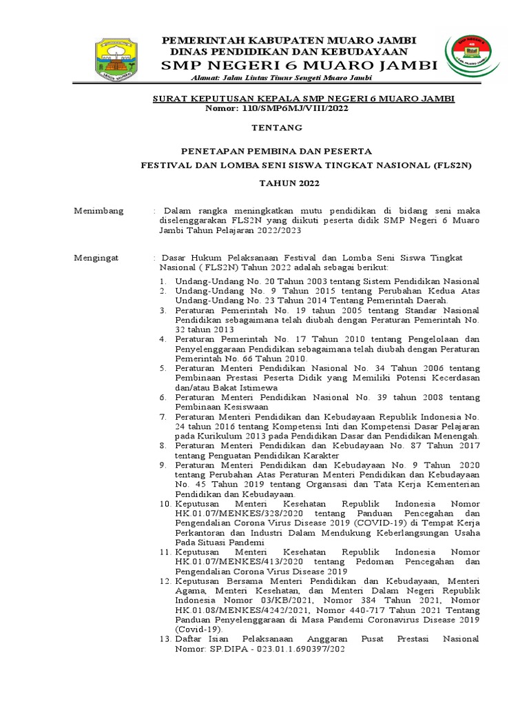 SK Peserta dan Pembina FLS2N 2022 | PDF