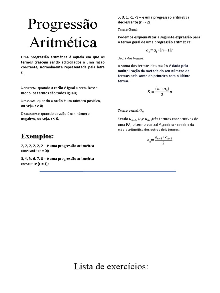 Progressão Aritmética: Conceitos e Fórmulas | PDF