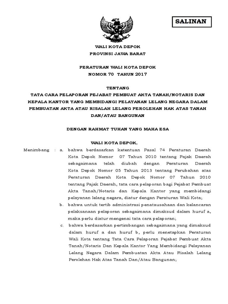 Perwal No 70 Tahun 2017 Tata Cara Pelaporan Ppat Notaris | PDF