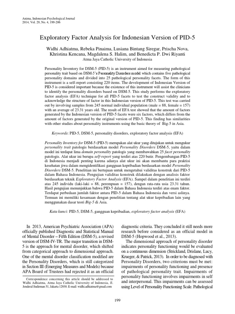 Exploratory Factor Analysis For Indonesian Version of PID-5 | PDF | Diagnostic And Statistical ...