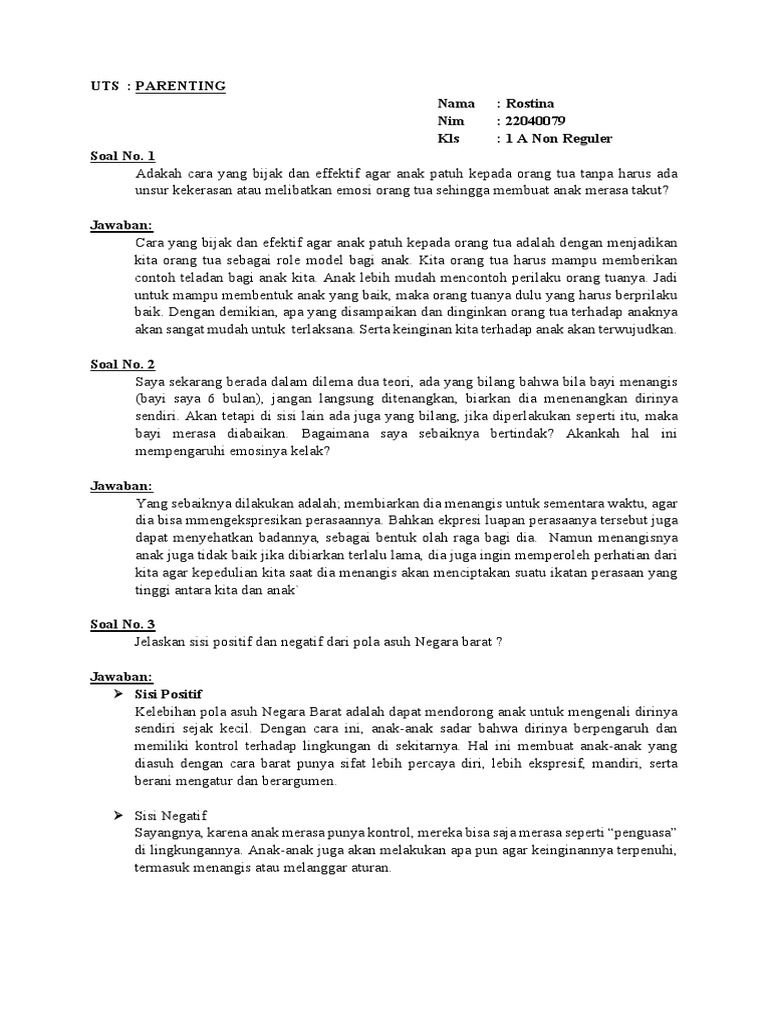 UTS Parenting - Rostina - 22040079 - NON REGULAR - s1 Kebidanan KELAS A | PDF