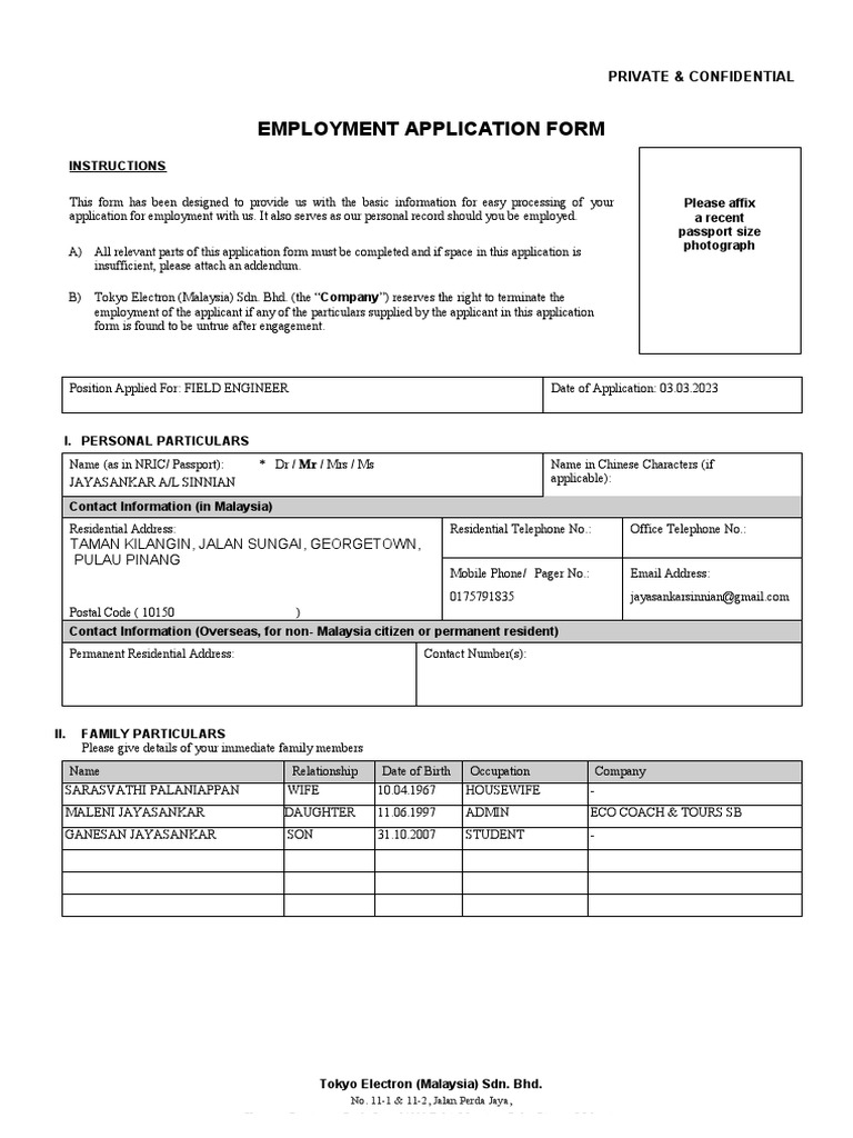 A Concise Employment Application for the Position of Field Engineer ...