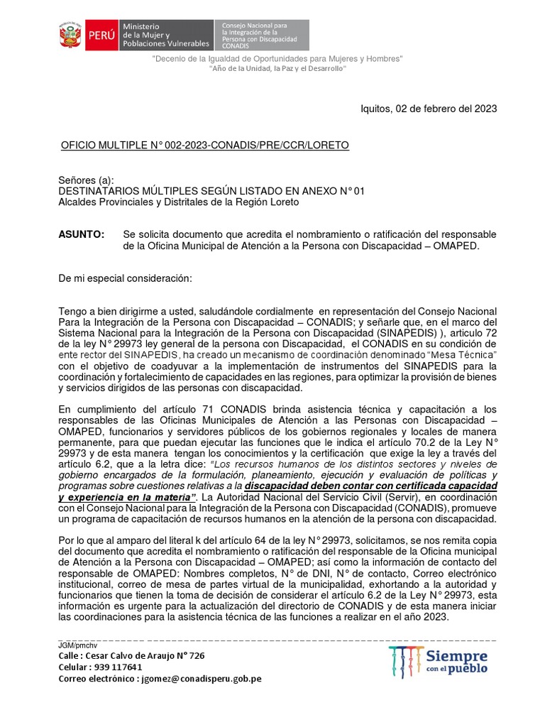 Oficio Multiple #002-2023-Conadis-Pre-Ccr - Solicita Documento de Encargatura Omaped (F) | PDF ...