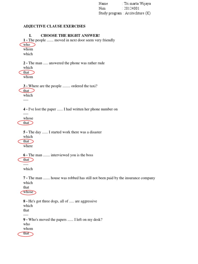 Adjective Clause Exercises Tugas 3 | PDF