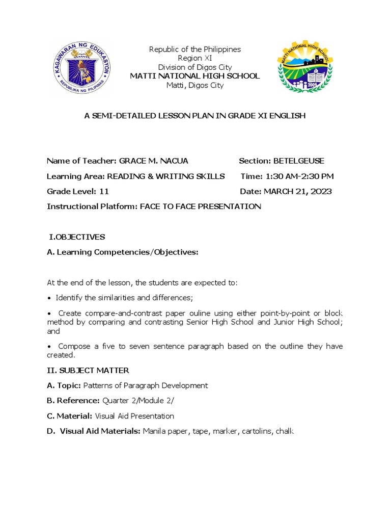 Comparisoncontrast Lessonplannacua G. | PDF | Teachers | Essays