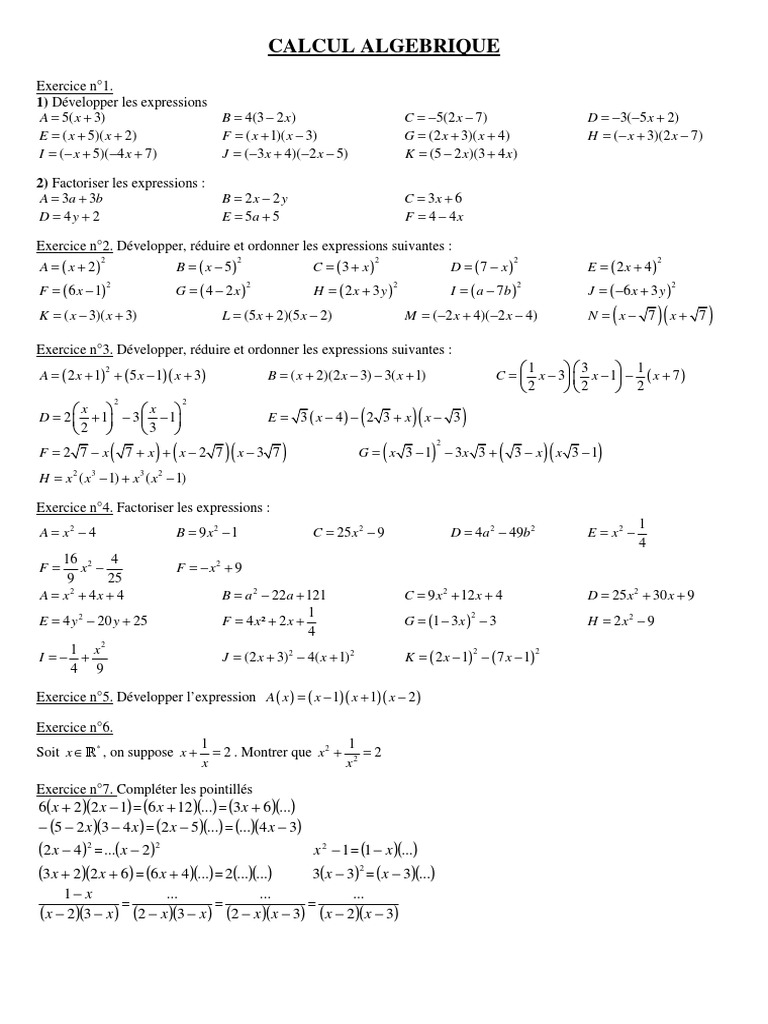 Exercices de calcul algébrique corrigés | PDF | Mathématiques | Échecs