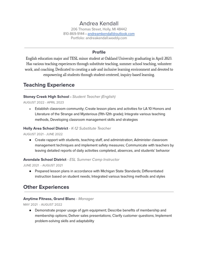 Andrea Kendall Teaching Resume April 2023 | PDF | Teachers | Classroom ...