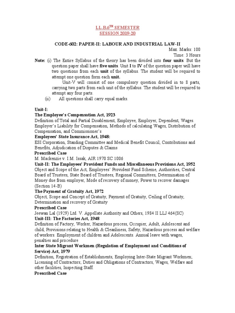LL - B LABOUR LAW-II 6th SEMESTER REVISED | PDF | Labour Law | Employment