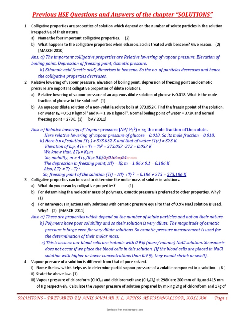 Previous HSE Questions and Answers of The Chapter "SOLUTIONS" | PDF ...