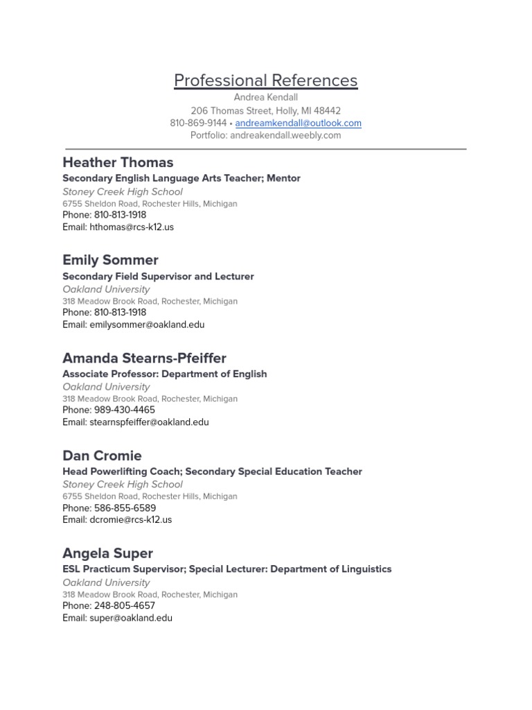 Andrea Kendall Professional Teaching References April 2023 | PDF