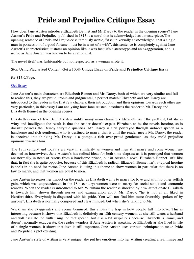 Pride and Prejudice Critique Essay | PDF | Mr. Darcy | Pride And Prejudice