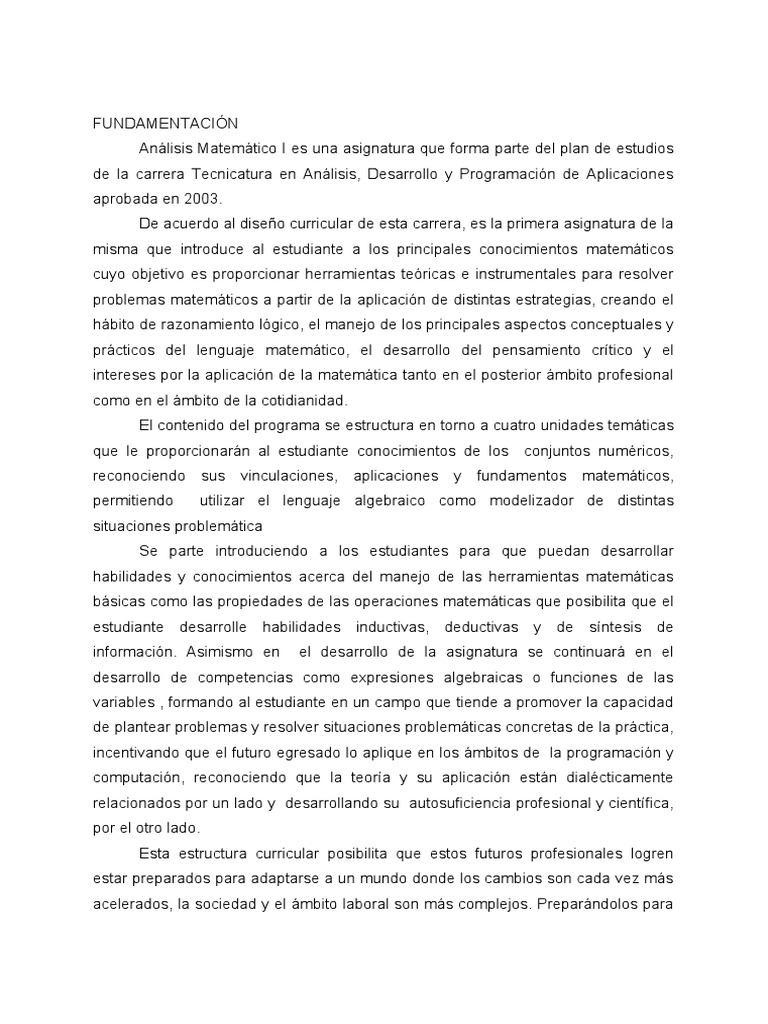Fundamentación del programa de Análisis Matemático I para la carrera Tecnicatura en Análisis ...