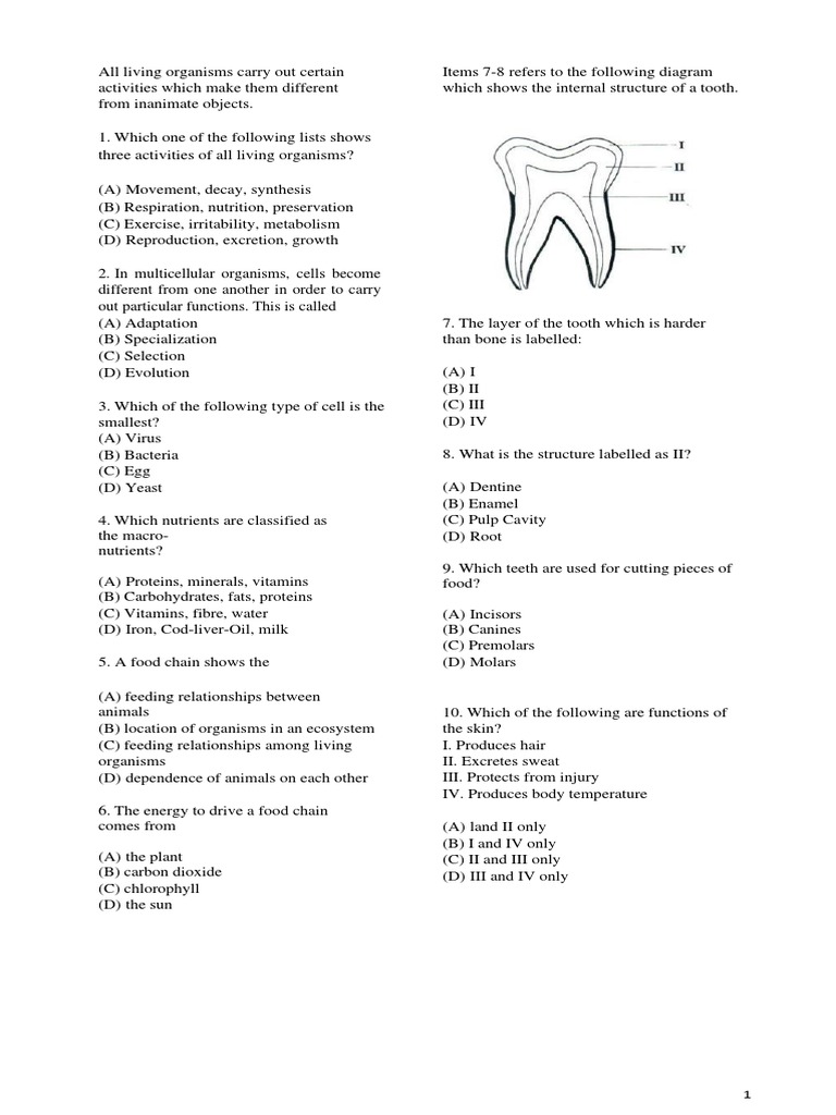 HSB Mock Paper 01 - Corrected | PDF | Tooth | Neuron