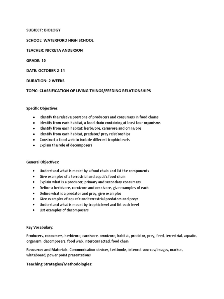 Biology Grade 10 Lesson Plan Oct 2-14 | PDF | Food Web | Predation