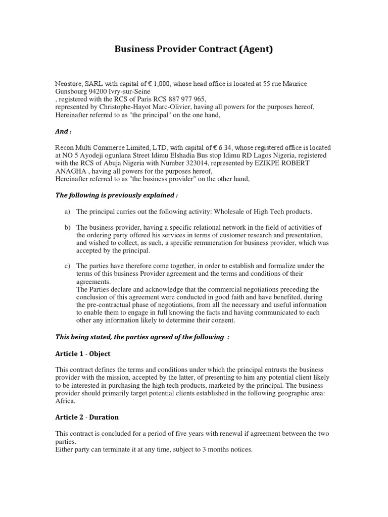 Business Provider Contract Agreement | PDF | Justice | Crime & Violence