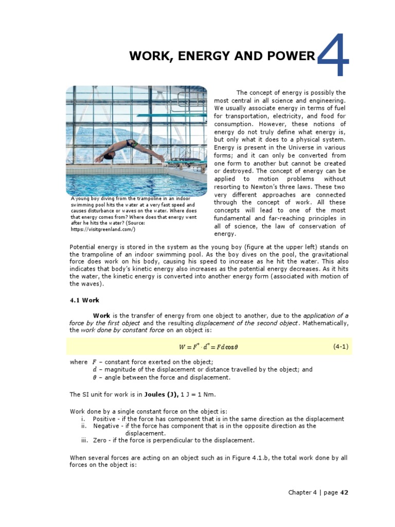 Work, Energy and Power: 4.1 Work Work Is The Transfer of Energy From ...