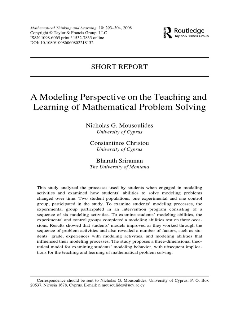 A Modeling Perspective On The Teaching and Learning of Mathematical Problem Solving (Mousoulides ...