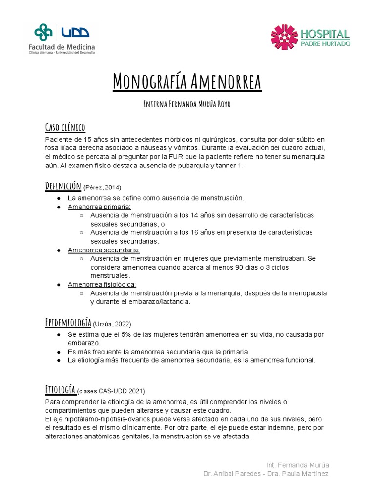 Amenorrea Monografía | PDF | Menstruación | Reproducción