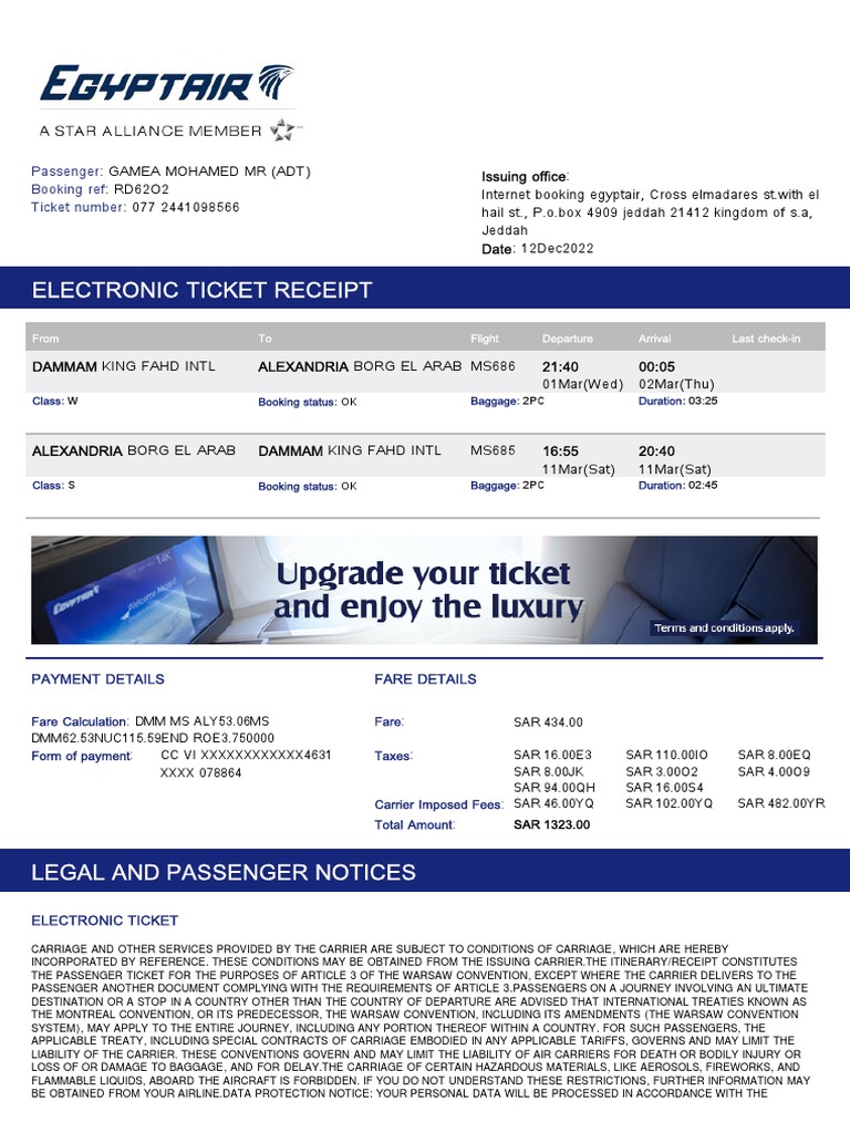 Electronic Ticket Receipt for Travel Between Dammam, Saudi Arabia and Alexandria, Egypt | PDF